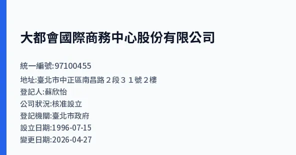大都會國際商務中心股份有限公司的照片-統編 97100455(臺北市) 公司登記資料與營業項目詳細圖表