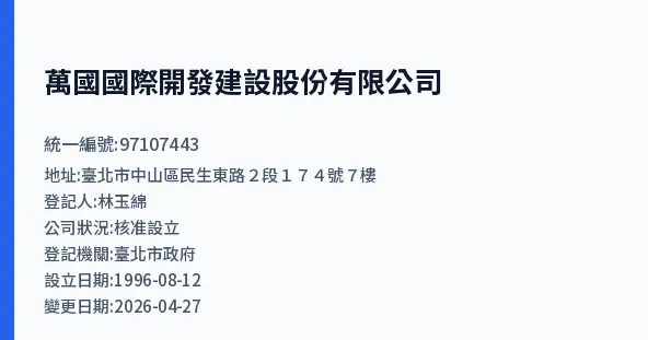 萬國國際開發建設股份有限公司的照片-統編 97107443(臺北市) 公司登記資料與營業項目詳細圖表