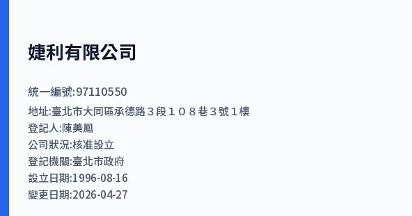 婕利有限公司的照片-統編 97110550(臺北市) 公司登記資料與營業項目詳細圖表