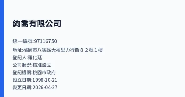 絢喬有限公司的照片-統編 97116750(桃園市) 公司登記資料與營業項目詳細圖表