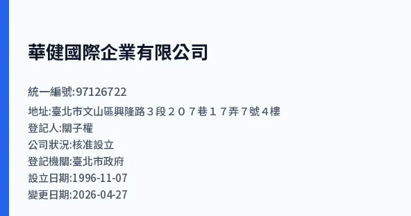 華健國際企業有限公司的照片-統編 97126722(臺北市) 公司登記資料與營業項目詳細圖表