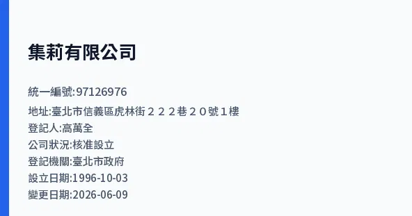 集莉有限公司的照片-統編 97126976(臺北市) 公司登記資料與營業項目詳細圖表