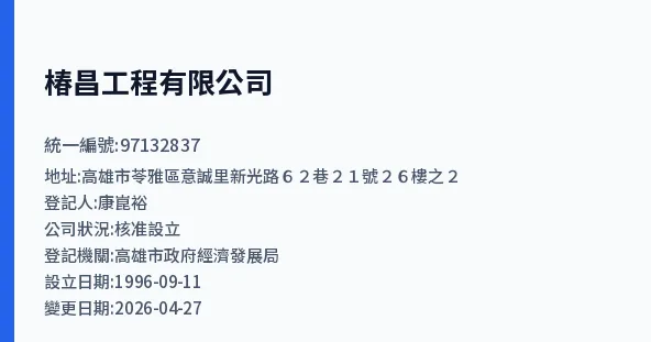 椿昌工程有限公司的照片-統編 97132837(高雄市) 公司登記資料與營業項目詳細圖表