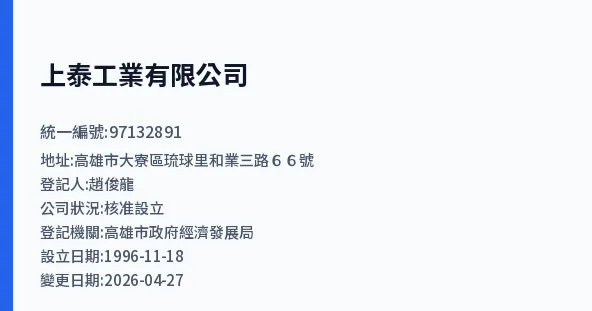 上泰工業有限公司的照片-統編 97132891(高雄市) 公司登記資料與營業項目詳細圖表