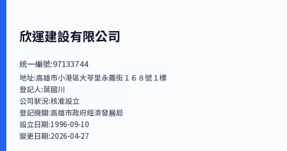 欣運建設有限公司的照片-統編 97133744(高雄市) 公司登記資料與營業項目詳細圖表