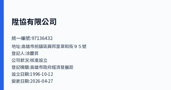 陞協有限公司的照片-統編 97136432(高雄市) 公司登記資料與營業項目詳細圖表