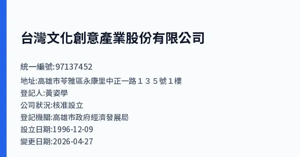台灣文化創意產業股份有限公司的照片-統編 97137452(高雄市) 公司登記資料與營業項目詳細圖表