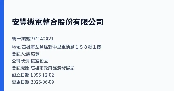 安豐機電整合股份有限公司的照片-統編 97140421(高雄市) 公司登記資料與營業項目詳細圖表