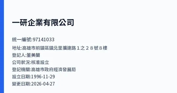 一研企業有限公司的照片-統編 97141033(高雄市) 公司登記資料與營業項目詳細圖表