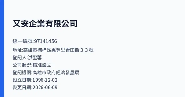 又安企業有限公司的照片-統編 97141456(高雄市) 公司登記資料與營業項目詳細圖表