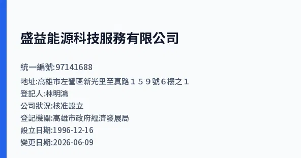 盛益能源科技服務有限公司的照片-統編 97141688(高雄市) 公司登記資料與營業項目詳細圖表
