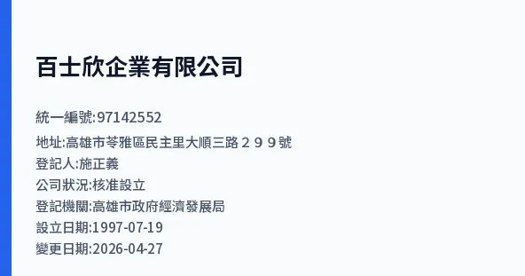 百士欣企業有限公司的照片-統編 97142552(高雄市) 公司登記資料與營業項目詳細圖表