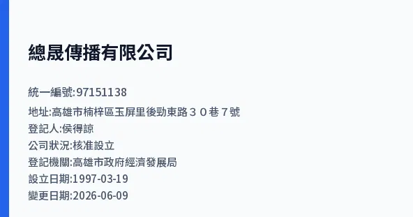 總晟傳播有限公司的照片-統編 97151138(高雄市) 公司登記資料與營業項目詳細圖表