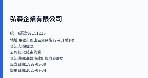 弘森企業有限公司的照片-統編 97151215(高雄市) 公司登記資料與營業項目詳細圖表