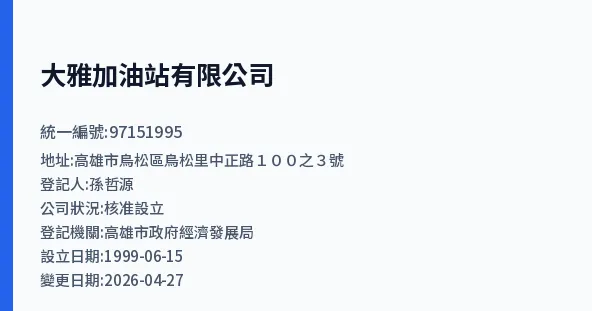 大雅加油站有限公司的照片-統編 97151995(高雄市) 公司登記資料與營業項目詳細圖表