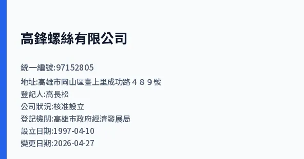 高鋒螺絲有限公司的照片-統編 97152805(高雄市) 公司登記資料與營業項目詳細圖表