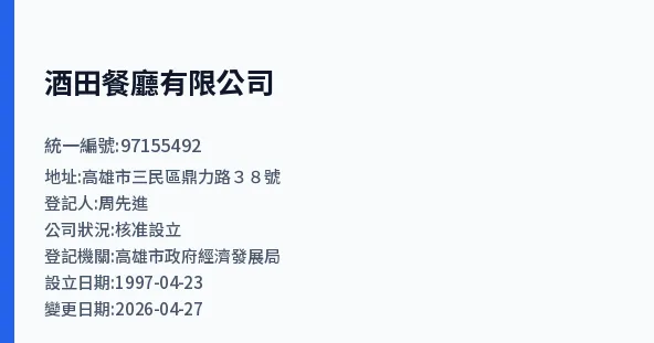 酒田餐廳有限公司的照片-統編 97155492(高雄市) 公司登記資料與營業項目詳細圖表