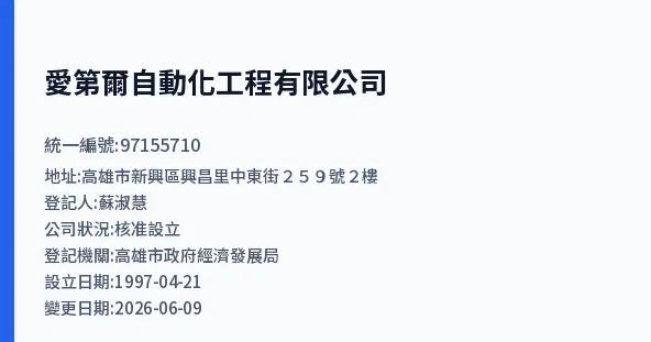 愛第爾自動化工程有限公司的照片-統編 97155710(高雄市) 公司登記資料與營業項目詳細圖表