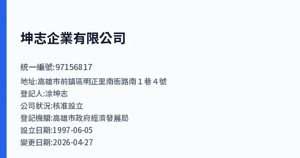 坤志企業有限公司的照片-統編 97156817(高雄市) 公司登記資料與營業項目詳細圖表