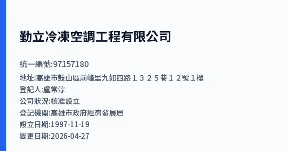 勤立冷凍空調工程有限公司的照片-統編 97157180(高雄市) 公司登記資料與營業項目詳細圖表