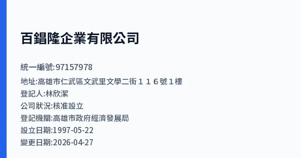 百錩隆企業有限公司的照片-統編 97157978(高雄市) 公司登記資料與營業項目詳細圖表