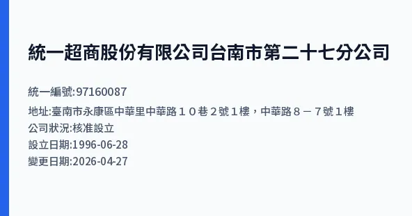 統一超商股份有限公司台南市第二十七分公司的照片-統編 97160087(臺南市) 公司登記資料與營業項目詳細圖表