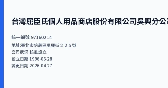 台灣屈臣氏個人用品商店股份有限公司吳興分公司的照片-統編 97160214(臺北市) 公司登記資料與營業項目詳細圖表