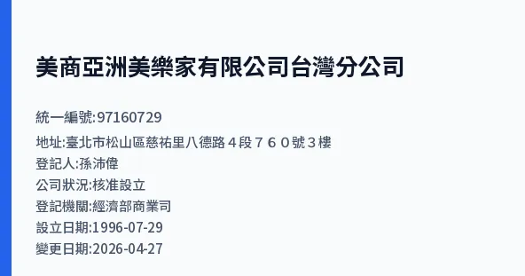 美商亞洲美樂家有限公司台灣分公司的照片-統編 97160729(臺北市) 公司登記資料與營業項目詳細圖表
