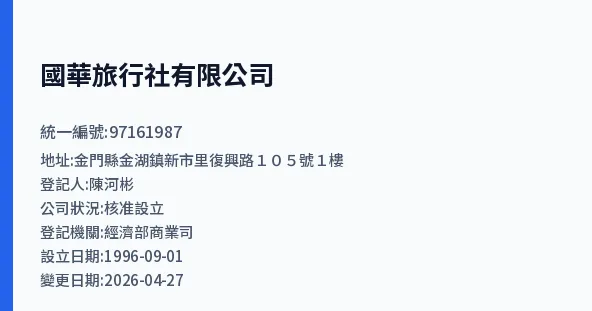 國華旅行社有限公司的照片-統編 97161987(金門縣) 公司登記資料與營業項目詳細圖表