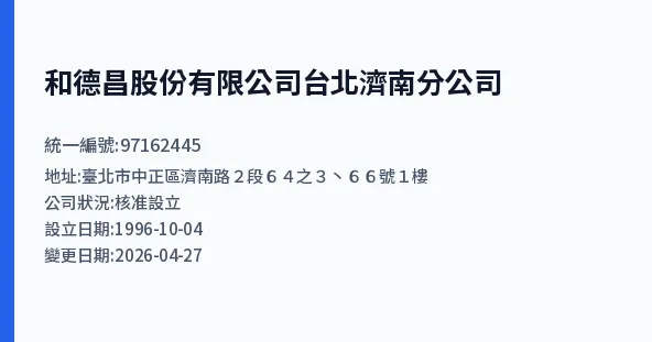 和德昌股份有限公司台北濟南分公司的照片-統編 97162445(臺北市) 公司登記資料與營業項目詳細圖表