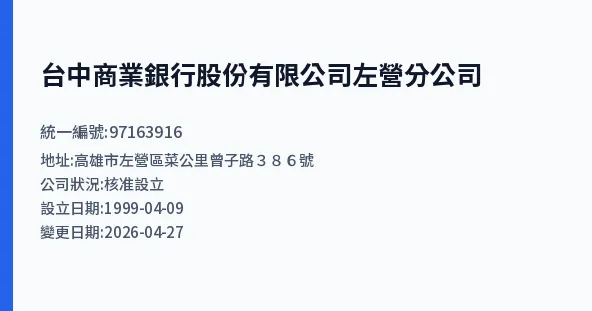 台中商業銀行股份有限公司左營分公司的照片-統編 97163916(高雄市) 公司登記資料與營業項目詳細圖表