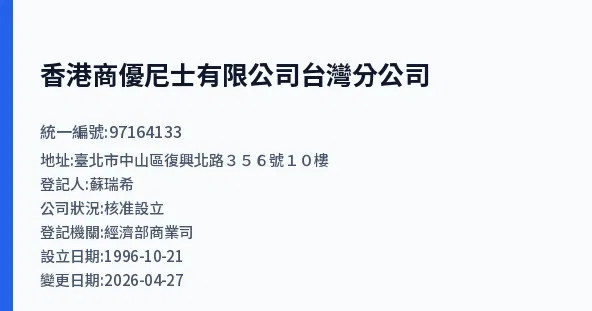 香港商優尼士有限公司台灣分公司的照片-統編 97164133(臺北市) 公司登記資料與營業項目詳細圖表