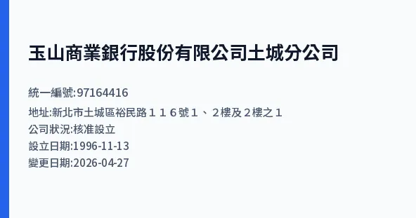 玉山商業銀行股份有限公司土城分公司的照片-統編 97164416(新北市) 公司登記資料與營業項目詳細圖表