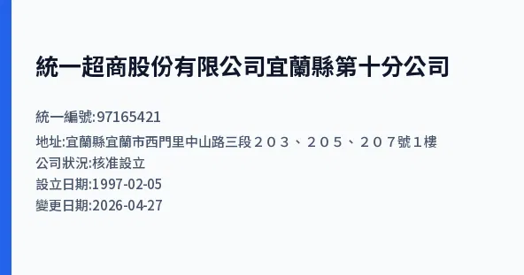 統一超商股份有限公司宜蘭縣第十分公司的照片-統編 97165421(宜蘭縣) 公司登記資料與營業項目詳細圖表