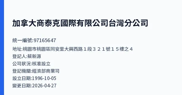 加拿大商泰克國際有限公司台灣分公司的照片-統編 97165647(桃園市) 公司登記資料與營業項目詳細圖表