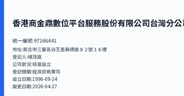 香港商金鼎數位平台服務股份有限公司台灣分公司的照片-統編 97166441(新北市) 公司登記資料與營業項目詳細圖表