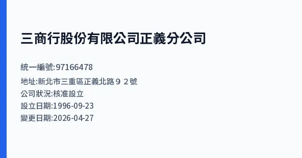 三商行股份有限公司正義分公司的照片-統編 97166478(新北市) 公司登記資料與營業項目詳細圖表