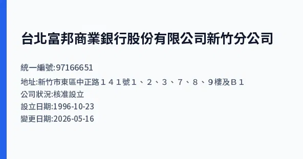 台北富邦商業銀行股份有限公司新竹分公司的照片-統編 97166651(新竹市) 公司登記資料與營業項目詳細圖表