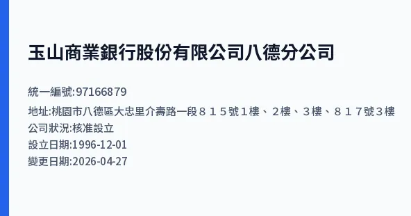 玉山商業銀行股份有限公司八德分公司的照片-統編 97166879(桃園市) 公司登記資料與營業項目詳細圖表