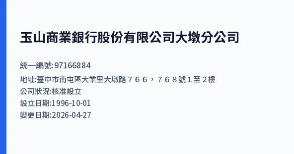 玉山商業銀行股份有限公司大墩分公司的照片-統編 97166884(臺中市) 公司登記資料與營業項目詳細圖表