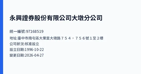 永興證券股份有限公司大墩分公司的照片-統編 97168519(臺中市) 公司登記資料與營業項目詳細圖表
