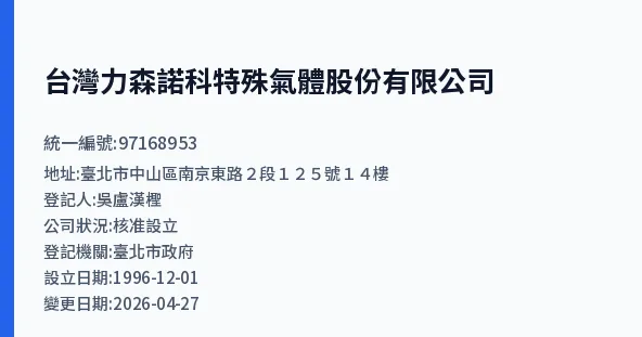 台灣力森諾科特殊氣體股份有限公司的照片-統編 97168953(臺北市) 公司登記資料與營業項目詳細圖表