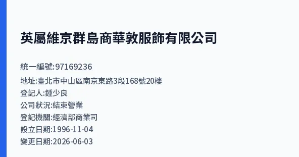 英屬維京群島商華敦服飾有限公司的照片-統編 97169236(臺北市) 公司登記資料與營業項目詳細圖表