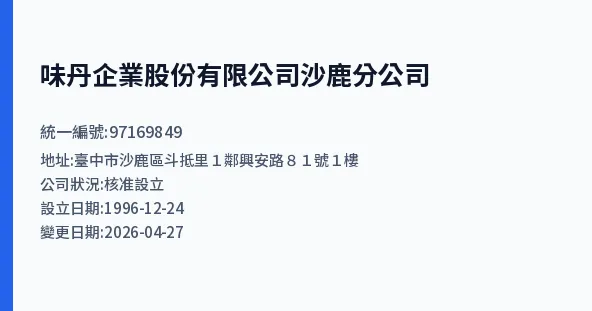 味丹企業股份有限公司沙鹿分公司的照片-統編 97169849(臺中市) 公司登記資料與營業項目詳細圖表
