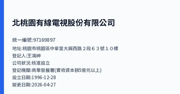 北桃園有線電視股份有限公司的照片-統編 97169897(桃園市) 公司登記資料與營業項目詳細圖表