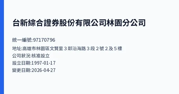 台新綜合證券股份有限公司林園分公司的照片-統編 97170796(高雄市) 公司登記資料與營業項目詳細圖表
