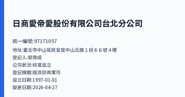 日商愛帝愛股份有限公司台北分公司的照片-統編 97171057(臺北市) 公司登記資料與營業項目詳細圖表
