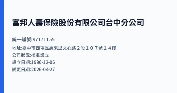 富邦人壽保險股份有限公司台中分公司的照片-統編 97171155(臺中市) 公司登記資料與營業項目詳細圖表