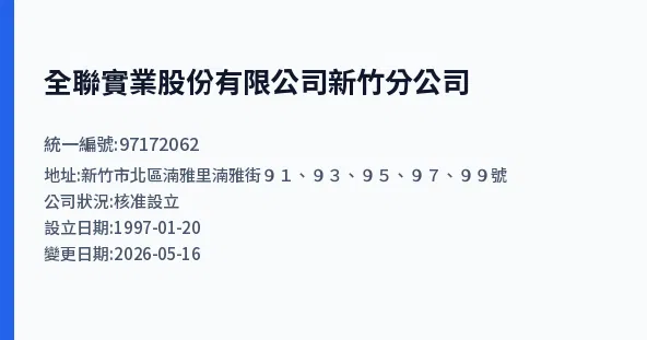 全聯實業股份有限公司新竹分公司的照片-統編 97172062(新竹市) 公司登記資料與營業項目詳細圖表