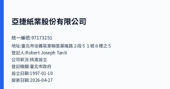 亞捷紙業股份有限公司的照片-統編 97173251(臺北市) 公司登記資料與營業項目詳細圖表